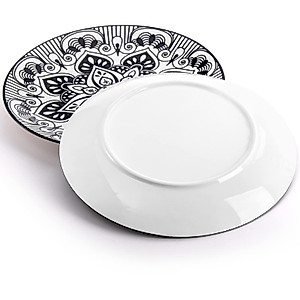 Coloch 4 Pack 8.5 Inch Ceramic Salad Plates, Black and White Floral Dessert Plate Reusable Snack Serving Plate for Pasta, Fruits, Sandwiches, Bar, Home Use, Microwave and Dishwasher Safe