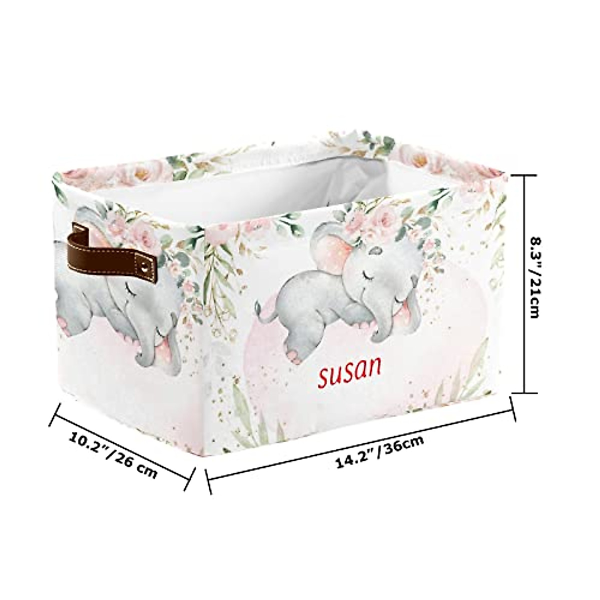 Personalized Pink Flower Elephant Storage Basket Bin with Name Large Storage Cube Box with Handles for Home Office Bedroom Closet Shelves(1 Pack)