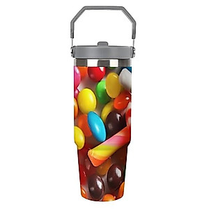 30oz Stainless Steel Insulated Tumbler with Flip Lid & Straw, Leakproof Travel Mug for Car, Colorful Candy Double Wall Vacuum Thermal Coffee Cup with Handle, Spill-Proof Design for Hot/Cold Drinks