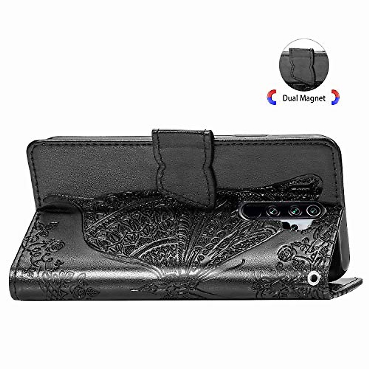 MEIKONST Xiaomi Redmi Note 8 Pro Case, Elegant Embossed Black Butterfly Soft PU Leather Flip Wallet Case with Stand Magnetic Closure Protective Cover for Xiaomi Redmi Note 8 Pro,SD Black Butterfly