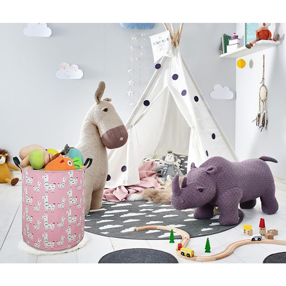 19.7" Round Canvas Large Clothes Basket Laundry Hamper with Handles,Waterproof Cotton Storage Organizer Perfect for Kids Boys Girls Toys Room, Bedroom, Nursery,Home,Gift Basket(alpaca)