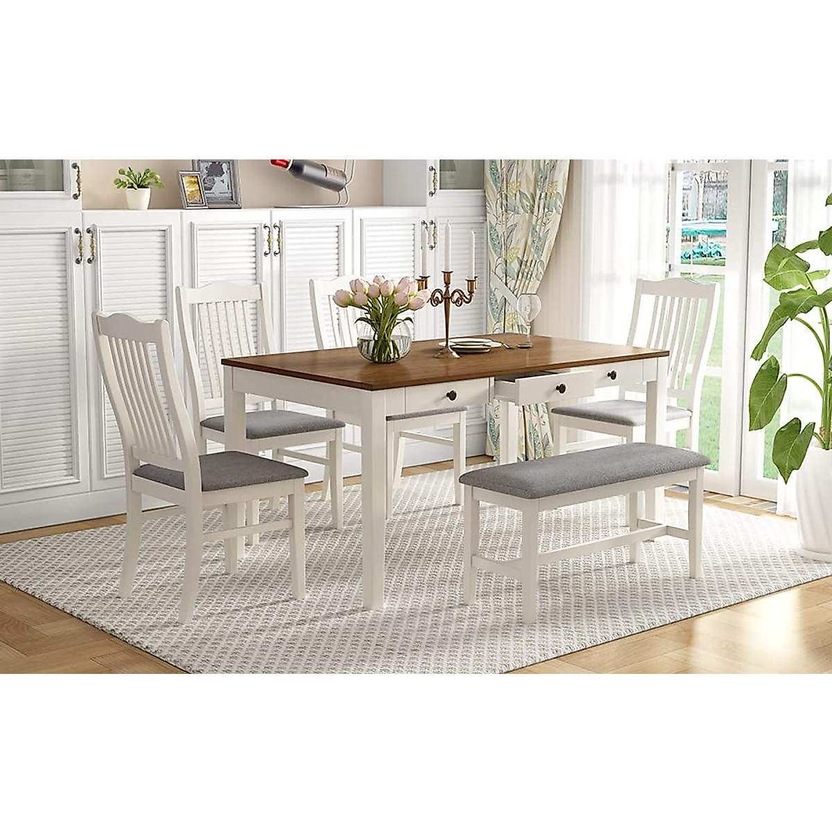 SIYSNKSI Mid-Century 6-Piece Dining Table Set with 4 Upholstered Dining Chairs and Bench, Wood Rectangular Dining Table with Drawer for Kitchen Living Room, Dining Table Set for 6 (Butter Milk+Grey)