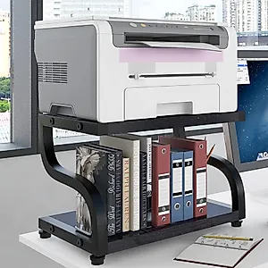 PUNCIA 2 Tiers Wood Black Home Office Desktop Printer Stand Laser Printer Copier Stand with Storage Tabletop Heavy Duty Rack Desk Organizer Shelf Dual for Small Space Double Tiers Tray