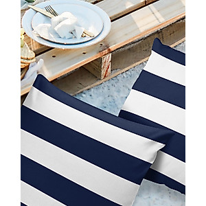 Nautical Stripe Outdoor Waterproof Throw Pillow Covers, Decorative Pillowcases Polyester Cushion Covers for Garden Patio Tent Sofa Couch Pack of 2 16x16 inch, Navy Blue White Stripes