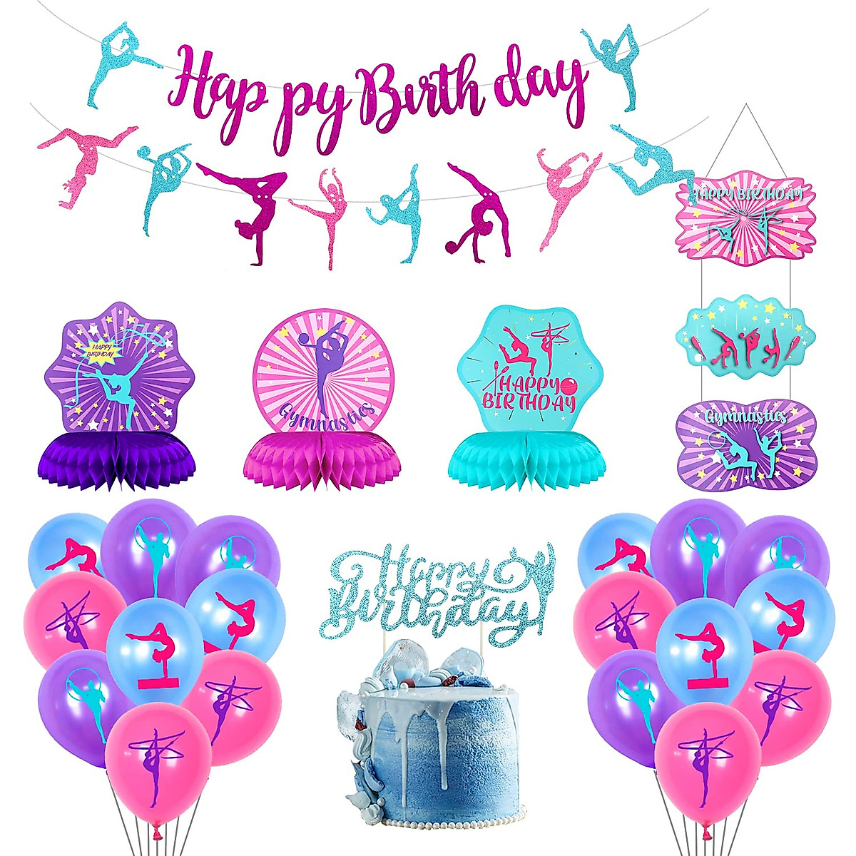 Gymnastics Party Decorations, Gymnastic Birthday Party Supplies with Birthday Banner, Honeycomb Centerpieces, Gymnastics Party Latex Balloons for Girls Gymnastics Theme Dance Party (A)