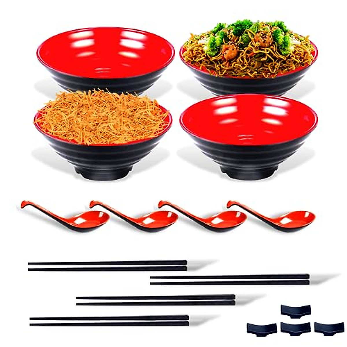 Phobowl, Set of 4(20 pcs) Cute Ramen Bowl with chopsticks- 32 OZ Japanese Style Noodle Soup Bowls Set and Asian Soup Spoons- Large Bowls for Salad, Udon,Soba,Pho, Rice, Noodles with Chopstick Holders