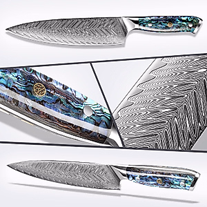 SENKEN Damascus Steel Kitchen Knife Set - Umi Collection - 67-Layer Japanese VG10 Steel, Real Deep-Sea Abalone Shell Handle, Chef's Knife, Santoku, Paring, Fillet, Utility (5-Piece Damascus Knife Set)