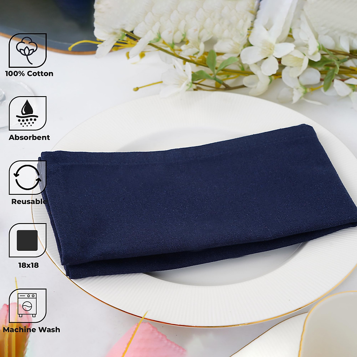 Blue Needles Navy Blue Cloth Napkins - 100% Cotton Set of 12 Dinner Napkins 18x18 inches - Soft, Reusable and Washable Linen Napkins, Ideal for Events, Parties & Everyday Use