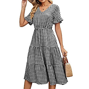 New Pleated Wrap Lace Up Short Sleeve Square Collar Long Plaid Dress Black