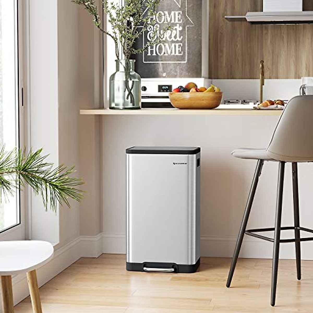 SONGMICS Trash Can, 12-Gallon Pedal Garbage Can, Stainless Steel Step Bin, Plastic Inner Bucket and Lid, Soft Closure, Fingerprint Proof, for Kitchen, Living Room, Silver ULTB007E01