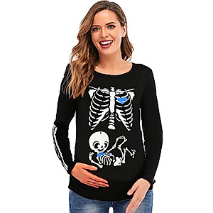 Women's Halloween Skeleton Baby Boy Maternity Shirt Skeleton Long Sleeve Pregnant Outfits Tops L