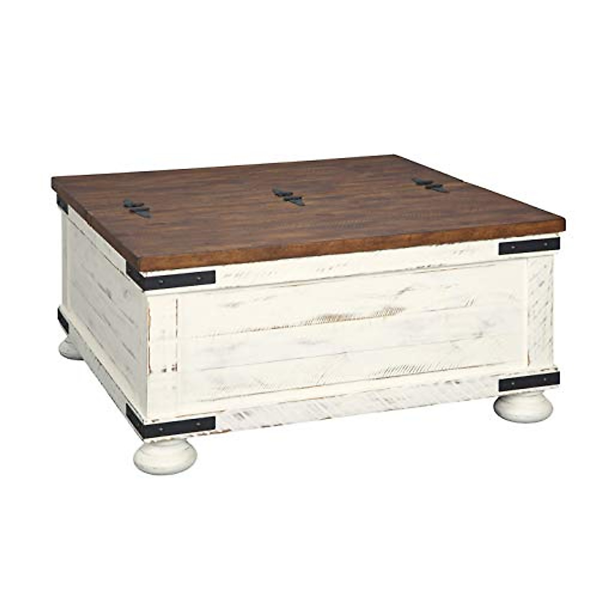 Signature Design by Ashley Wystfield Farmhouse Square Storage Coffee Table with Hinged Lift Top, Distressed White and Chair Side End Table with Cabinet Door for Storage, White & Brown