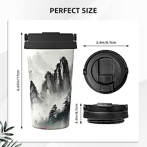 GTKSYNVE Reusable Coffee Mug with Lid and Handle, Ink Painting Style Mountain Tumbler for Hot & Cold Drinks 16oz Stainless Steel Insulated Coffee Tumblers Double Wall Vacuum Thermal Cup