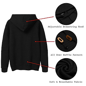 COOFANDY Men's Knit Hoodie Pullover Fashion Hip Hop Long Sleeve Drawstring Waffle Hooded Sweatshirt with Kanga Pocket, Black, Large