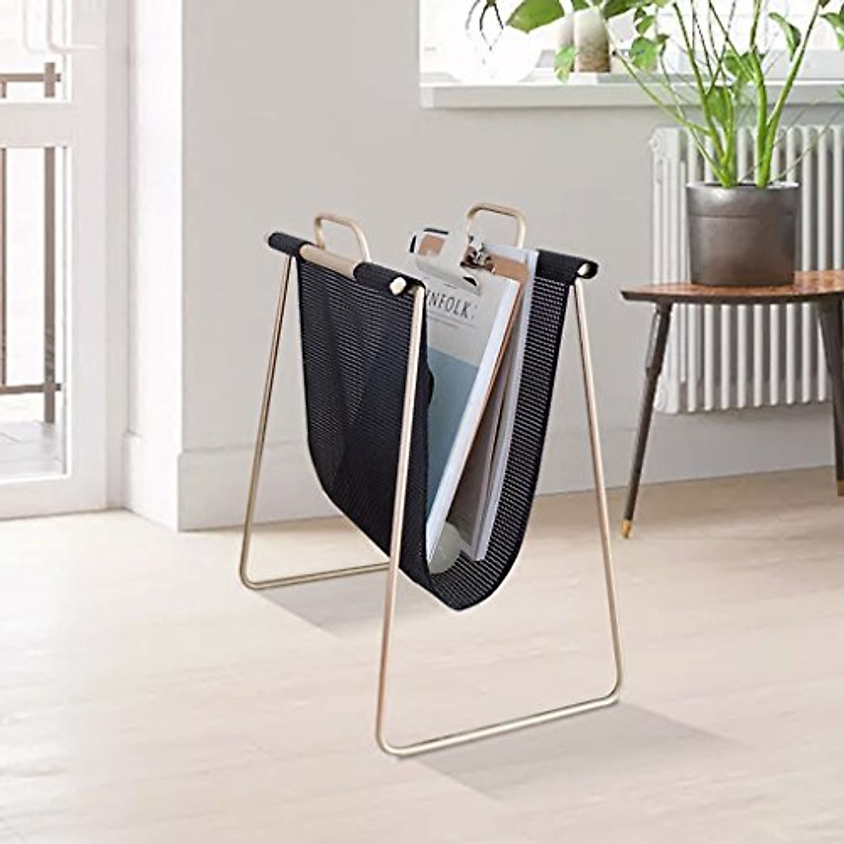 Newspaper Baskets Nordic Minimalist Magazine Rack U-Shaped Metal Shelf Floor-Mounted Living Room Bedroom Portable Storage Rack, Black