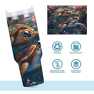 Slewiaeky Tumbler with Handle 40 oz Ocean Turtle Sea Travel Mug with Lid and Straw Butterfly Stainless Steel Vacuum Insulated Water Bottle Cup for Iced Tea Coffee Cold Beverages Cup Holder Friendly