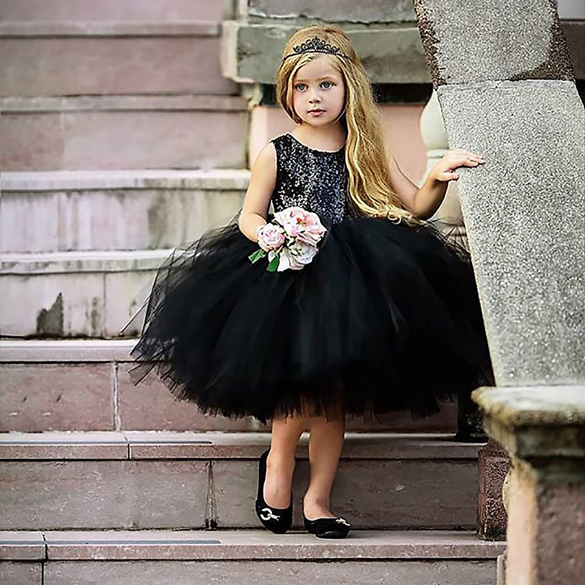 AGQT Toddler Girls Dresses Flower Girl Dress Sequins Tutu Dress Kids Sleeveless Tulle Princess Birthday Dresses Formal Party Gowns Dress Black Size 2-3 Years(110)