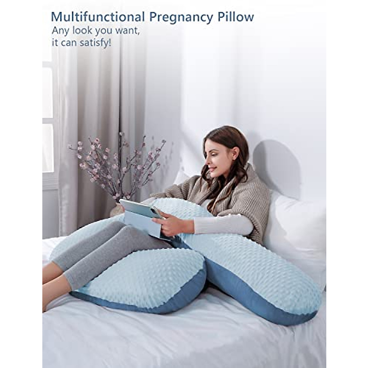 AngQi Full Body Pregnancy Pillow, Pregnancy Pillows for Sleeping, L Shaped Body Pillows for Adults, Maternity Pillow for Side Sleepers with Minky dot & Velvet A/B Side Cover, Dot White & Blue