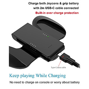 Kinvoca Charging Grip with 2000mAh Battery, 2-in-1 Comfort Grip for Nintendo Switch Controller, Controller Charger with 32in USB-C Cable, Power & Charge Indicators, Overcharge Protection