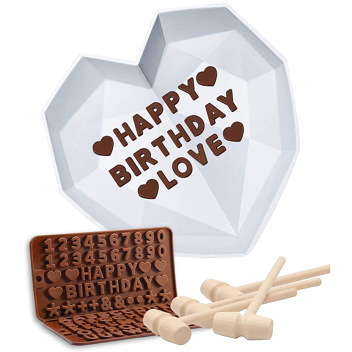 Heart Molds for Chocolate 8.7 Inch large Silicone Cake Mold, 2 PC Silicone Letter Mold and 4 PC Hammer for Valentine Candy Mousse Cake