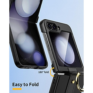 Lanhiem for Samsung Galaxy Z Flip 5 Case, [Ring Holder] Hard Protective Heavy Duty Case Full Body Shockproof Phone Ultra Thin Cover for Samsung Galaxy Z Flip 5 - Black