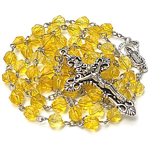 GeekTenet Rosary Beads Chaplet Yellow Rhombus Natural Crystal Rosery Cross Catholic gifts (Yellow)