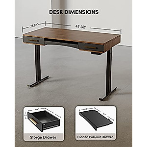 BANTI 48" x 26" Electric Standing Desk, Mid-Century Modern Desk with 3 Drawers, Stand Up Home Office Desks, Vintage Top