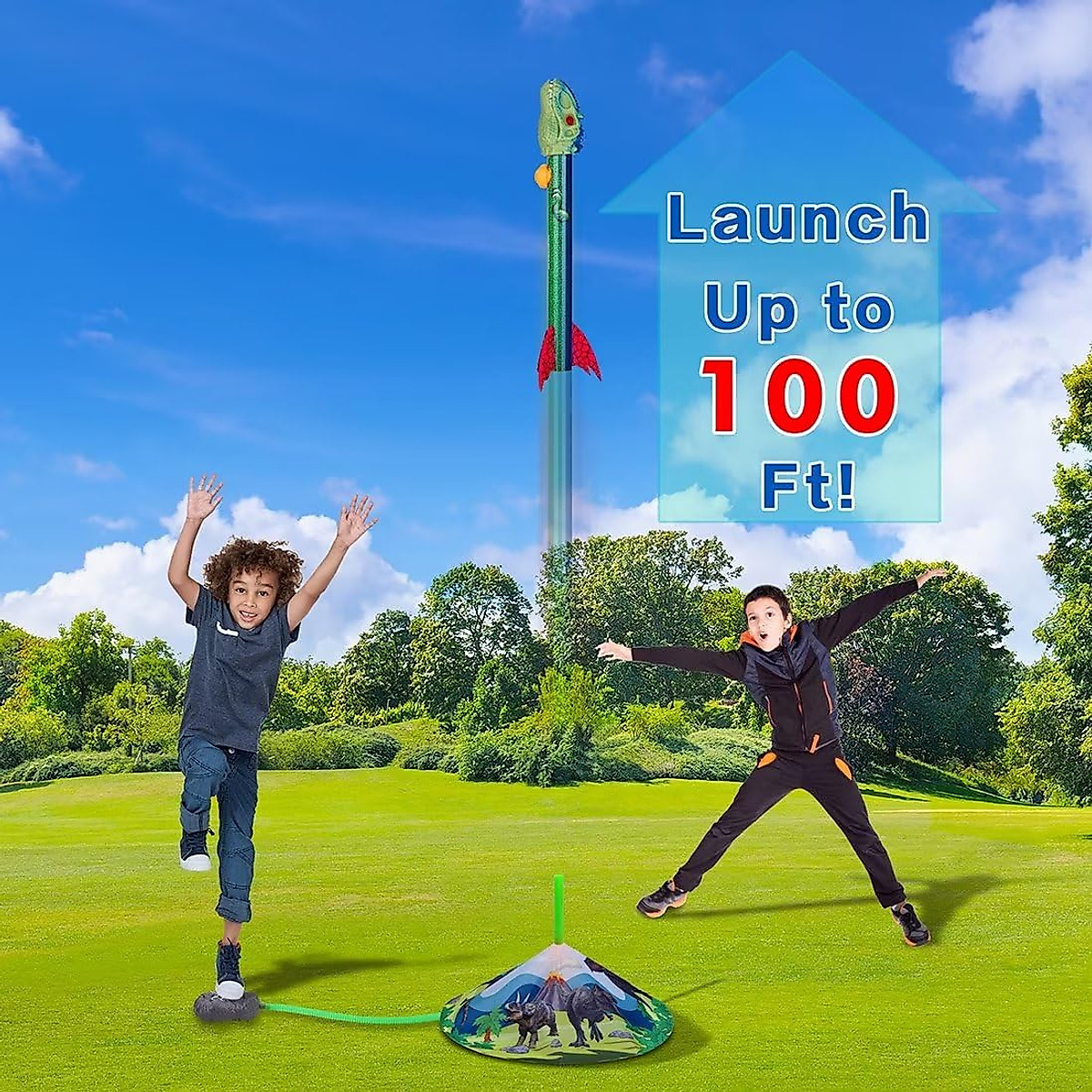 Gizzjoy Dinosaur Toy Rocket Launcher for Kids - Launch Up to 100 Ft, 4 Rockets, Outdoor Outside Toys for Kids, Dinosaur Toys, Birthday Gifts for 3 4 5 6 7 8-12 Year Old Boys Girls