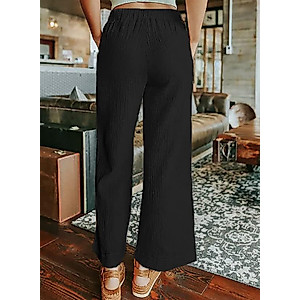 Dokotoo Women's Ladies 2024 Summer Beach Casual Linen Elastic High Waisted Drawstring Comfy Elegant Wide Leg Loose Flowy Long Palazzo Pants for Women Trousers with Pockets Black XL