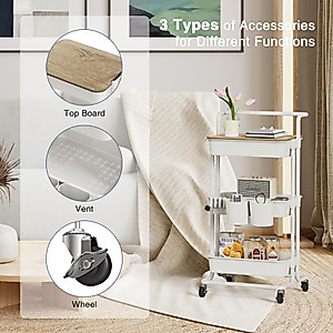 DTK 3 Tier Utility Rolling Cart with Cover Board, Rolling Storage Cart with Handle and Locking Wheels Kitchen Cart with 2 Small Baskets and 4 Hooks for Bathroom Office Balcony Living Room(White)