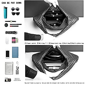 Handmade Woven Hobo Women Top-handle Shoulder Bags Large Capacity Shopping Dumplings Bag Casual Underarm Handbags Purses (Black)