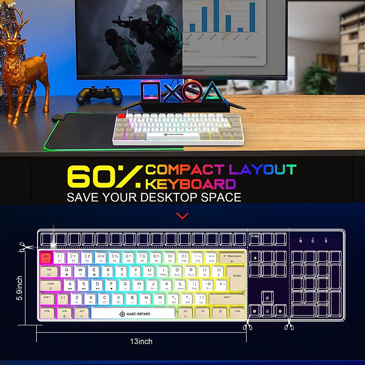 Mini Mechanical Gaming Keyboard Type-c Wired with PBT Dye-subbed Keycaps Rainbow RGB Backlit 60%Layout Full Anti-Ghosting 62 Key Ergonomic for Typist Laptop PC Mac Gamer (White Main/Red Switch)