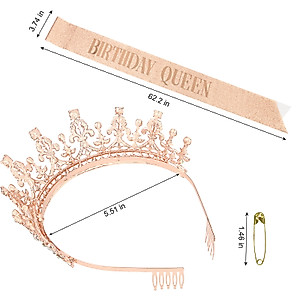 CURASA Rose Gold Birthday Queen Crown and Sash Birthday for Women Birthday Crowns Decorations Birthday Tiara and Sash for Women Princess Tiara with Comb Princess Crown Girl Tiara Party for Girls