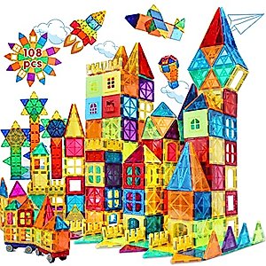 Lotmey Magnetic Tiles Building Blocks, 108 PCS 3D Magnetic Blocks Buliding Tiles Set, Magnetic Building Blocks Construction Playboards with 2 Cars, Preschool Educational Magnetic Toys for Kids 3, 4-8