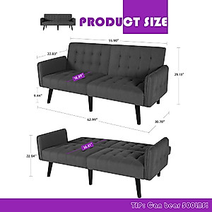 TYBOATLE 65“ Modern Fabric Linen Upholstered Convertible 2 USB Ports Folding Futon Couch Sofa Bed, Foldable Loveseat Furniture for Compact Small Space, Dorm, Living Room Apartment, Office (Dark Grey)