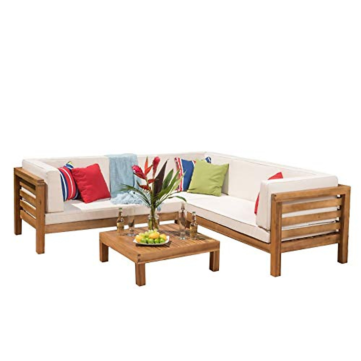 Christopher Knight Home Oana Outdoor Wooden Sectional Set with Cushions, 4-Pcs Set, Teak Finish / Beige