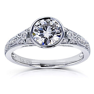 Kobelli Round Moissanite Bezel Vintage Style Engagement Ring 1 CTW in 14k White Gold, Size 7, White Gold