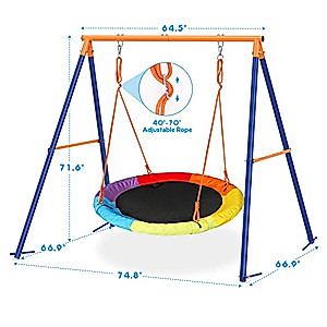 GIKPAL Saucer Swing with Stand for Kids Outdoor, 440lbs Swing Set with Heavy-Duty Metal Frame and Adjustable Ropes, Safe Waterproof Round Swing for Backyard Playground Park, Rainbow Color