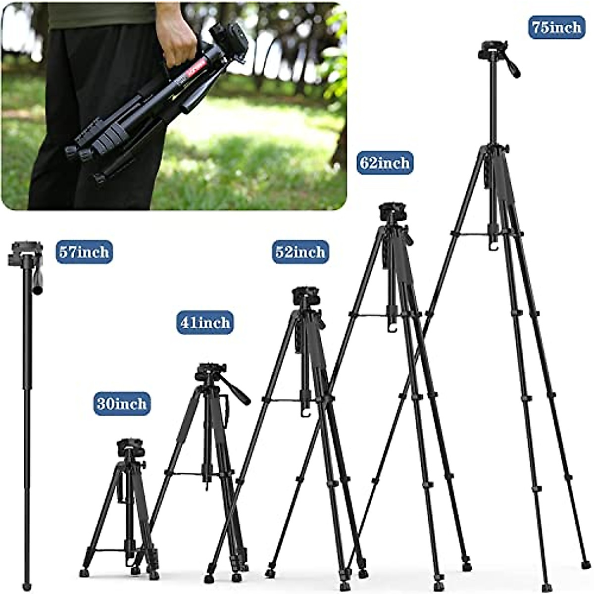 KINGJOY 75" Camera Tripod for Canon Nikon Cell Phone Aluminum Monopod Tripod with Remote Shutter Phone Mount and Carry Bag Max Load 11LB