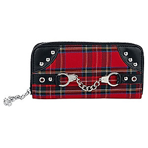 Lost Queen Red Tartan Plaid Punk Handcuff Skull Charm Zip Around Wallet