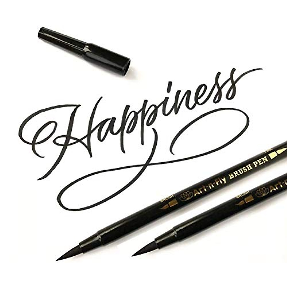 Art-n-Fly 2 Pack Dual Tip Black Brush Pens for Lettering Calligraphy Pen. Fine and Large Black Brush Marker for Drawing