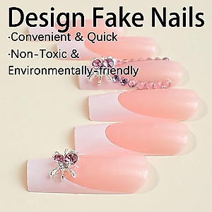 Halloween French Tip Press on Nails Long Metal Spider Glue on Fake Nails Long Square Acrylic Nails Glossy Pink White False Nail Tips Full Cover Finger Decorations Artificial Nails for Women 24Pcs