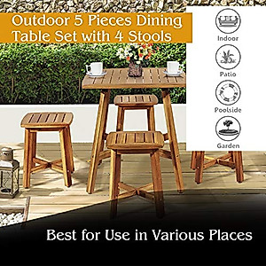 Tangkula 5 Piece Wood Patio Dining Set, Outdoor Dining Furniture w/Square Table & 4 Stools, Garden Conversation Dinging Set for Porch, Backyard, Balcony, Poolside, Reddish Brown