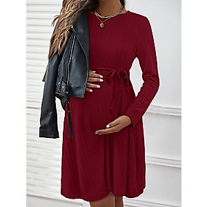 Ekouaer Womens Maternity Dress Rib Knit Long Sleeve Pregnancy Dresses Crewneck Pregnant Clothes with Belt Wine Red XL