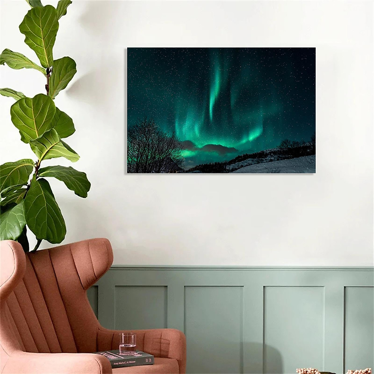 Aurora Scenery Painting on Canvas Prints,Green Aurora Borealis Starry Sky,Canvas Wall Art,for Bedroom Modern Scenery Painting Print Artwork Ready to Hang 80x120cm(31x47in) Framed