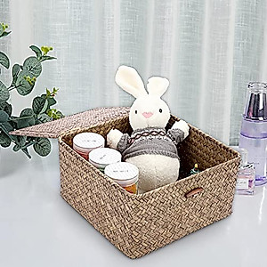 Hipiwe Wicker Shelf Baskets Bins with Lid Handwoven Storage Baskets Boxes Natural Seagrass Basket Box Home Decorative Household Organizer Bins Boxes for Shelf Organizing,Set of 3
