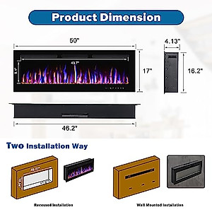 BETELNUT Electric Fireplace 50IN Wall Mounted and Recessed with Remote Control, 750/1500W Ultra-Thin Wall Fireplace Heater W/Timer Adjustable Flame Color and Brightness, Log Set & Crystal Options