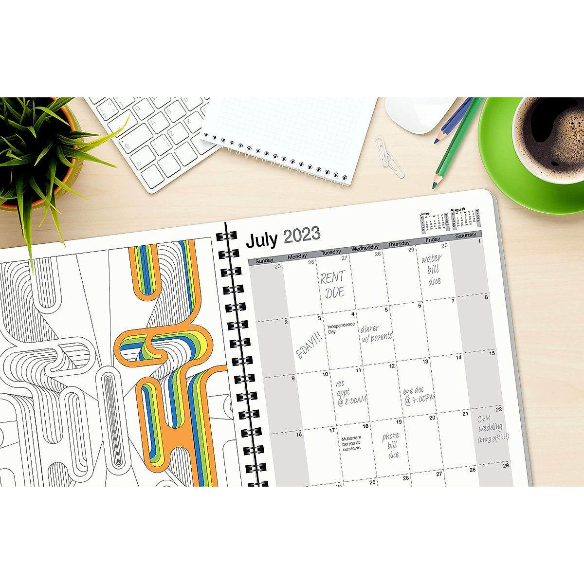 Action Publishing Coloring Day Planner · 2023-2024 Geometric · Daily and Weekly Scheduling and Goal Planning, with Lines, Shapes and Pattern Coloring Pages· July - June (8.5 x 11 inches)
