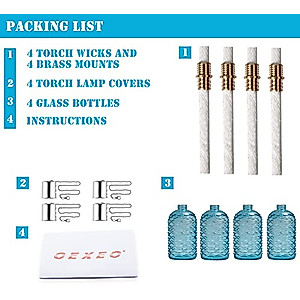 OEXEO 4PCS Glass Outdoor Tabletop Torch Set,Torch Wicks, Torch Light,Garden Torch,Patio Torches,Citronella Torches (Blue)