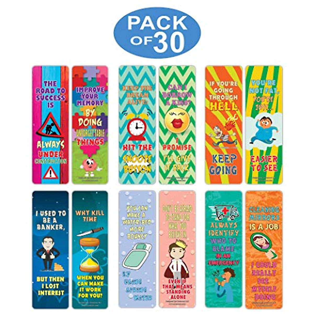 Creanoso Motivational One Liners Jokes Bookmarks Series 1 (30-Pack) – Six Assorted Quality Bookmarker Cards Set – Premium Gift Token Giveaways for Men, Women, Adults – Book Page Clip
